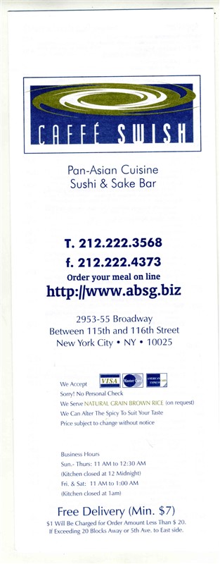 Caffe Swish Pan Asian Cuisine Menu Broadway Between 115th & 116th New ...
