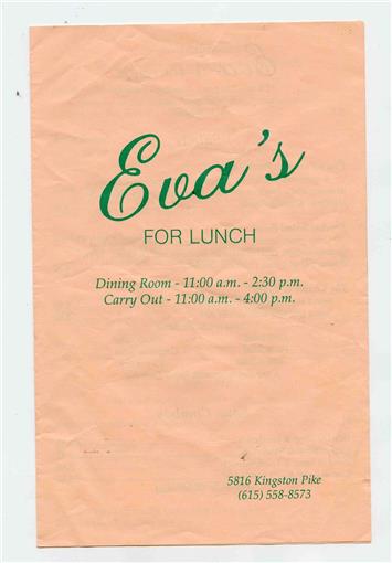 Eva's for Lunch Menu Kingston Pike Knoxville Tennessee 1990 | eBay
